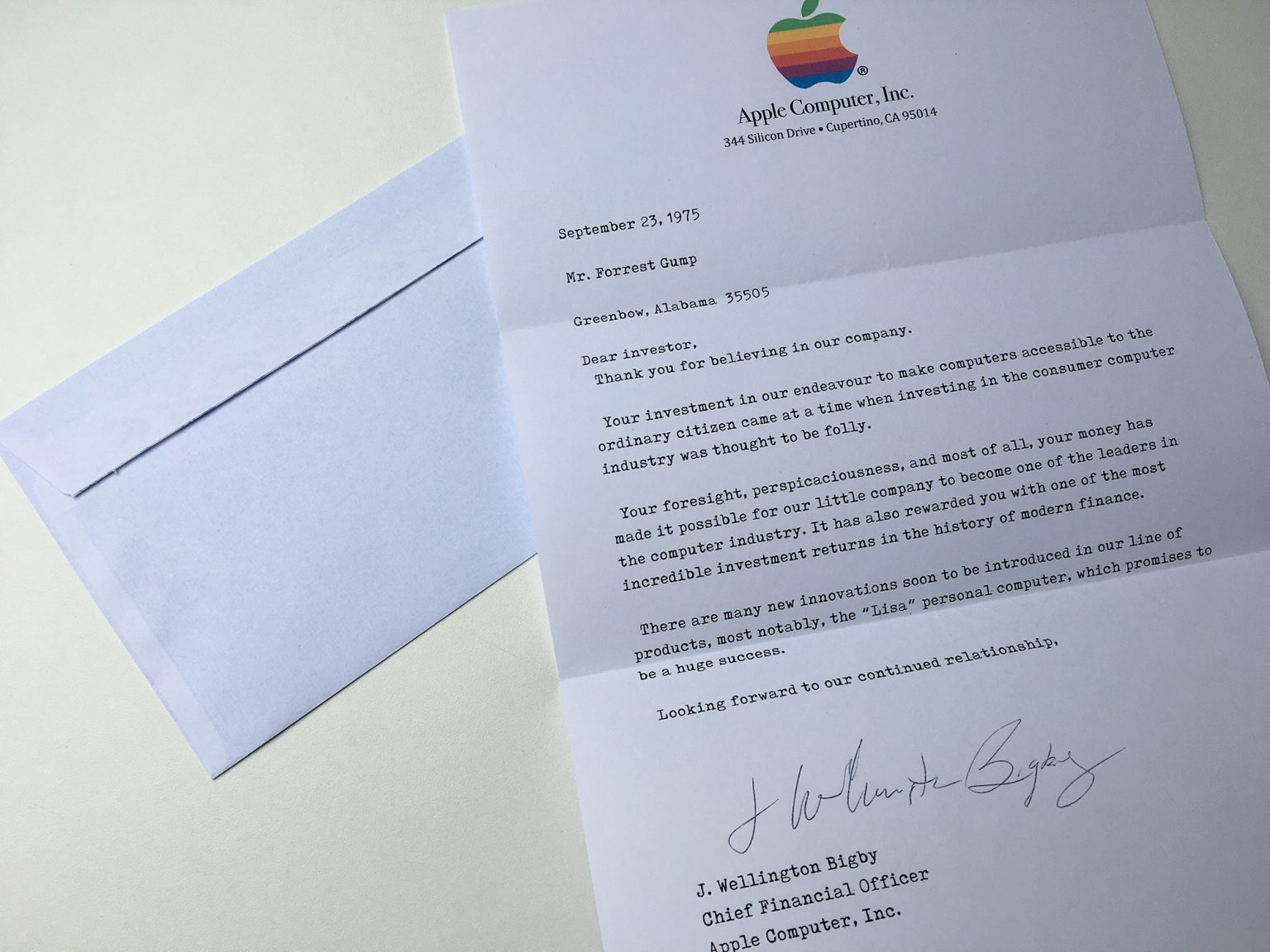 Forrest Gump Apple Company LETTER & ENVELOPPE September 23, 1975 ...