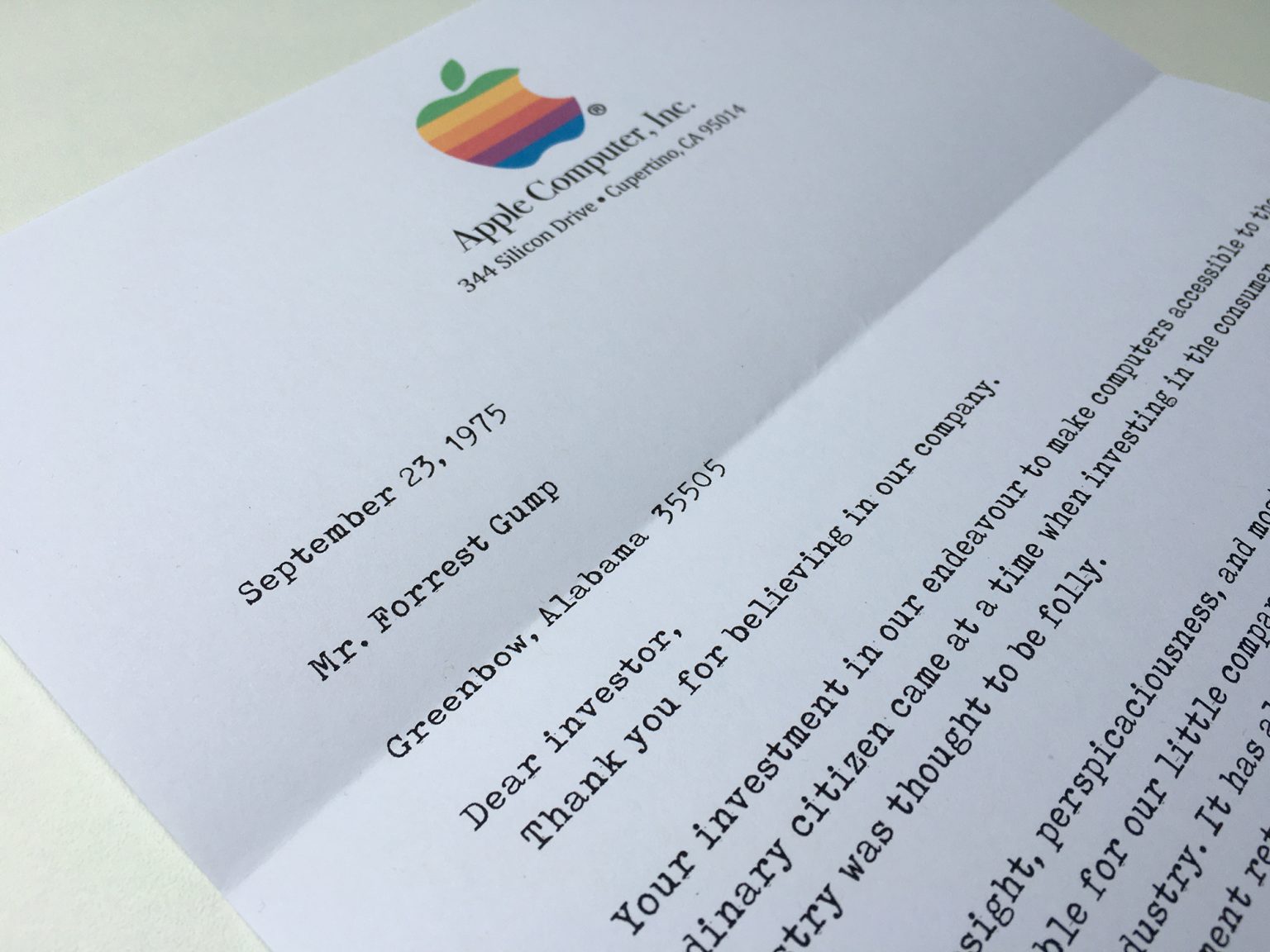 Forrest Gump Apple Company LETTER & ENVELOPPE September 23, 1975 ...