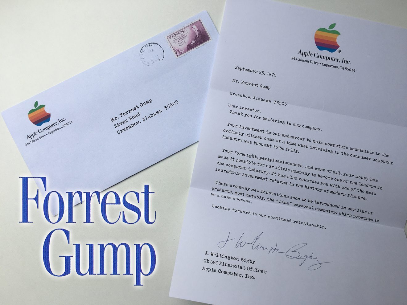 Forrest Gump Apple Company LETTER & ENVELOPPE September 23, 1975 ...