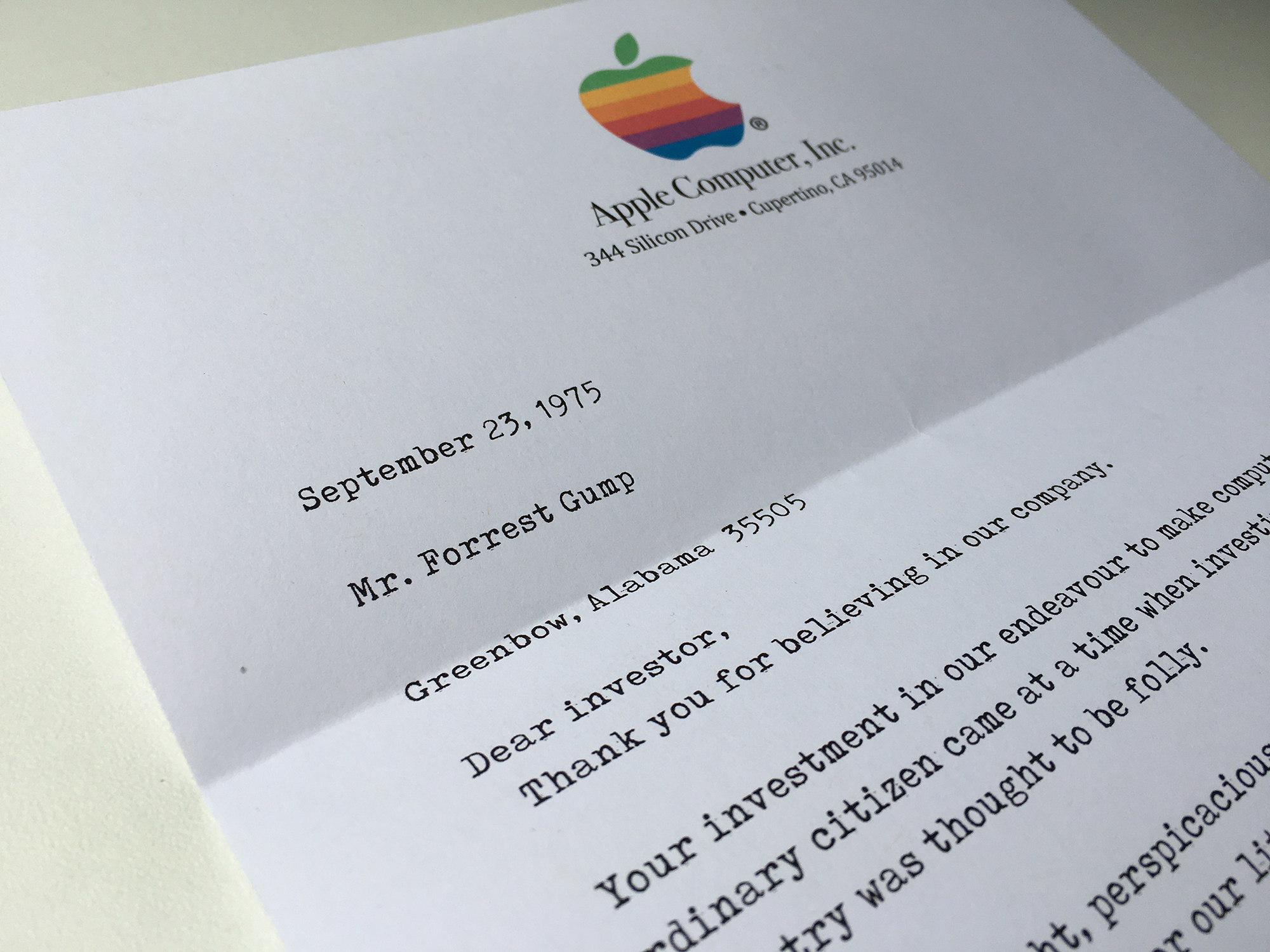 Forrest Gump Apple Company LETTER & ENVELOPPE September 23, 1975 ...